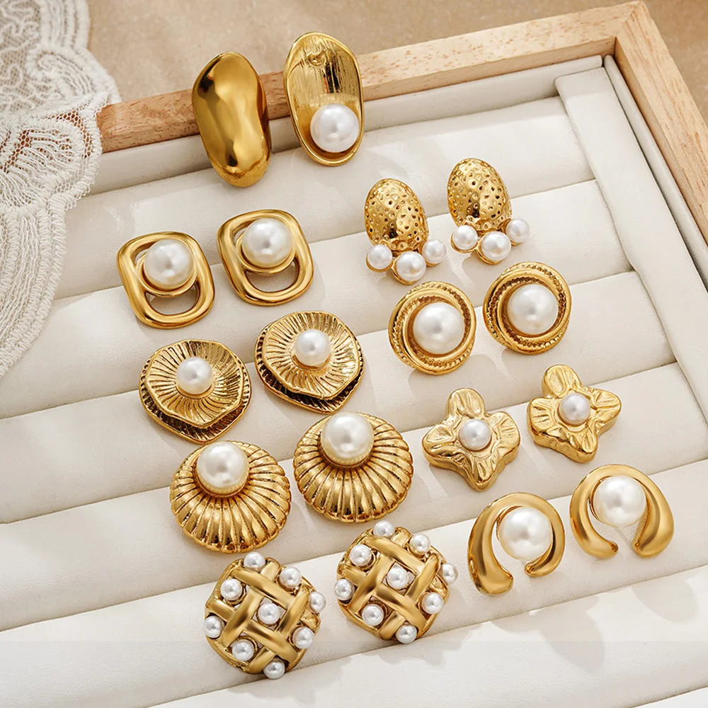 Elegant Pearl Geometric Irregular Stud Earrings for Women 18K Gold ...