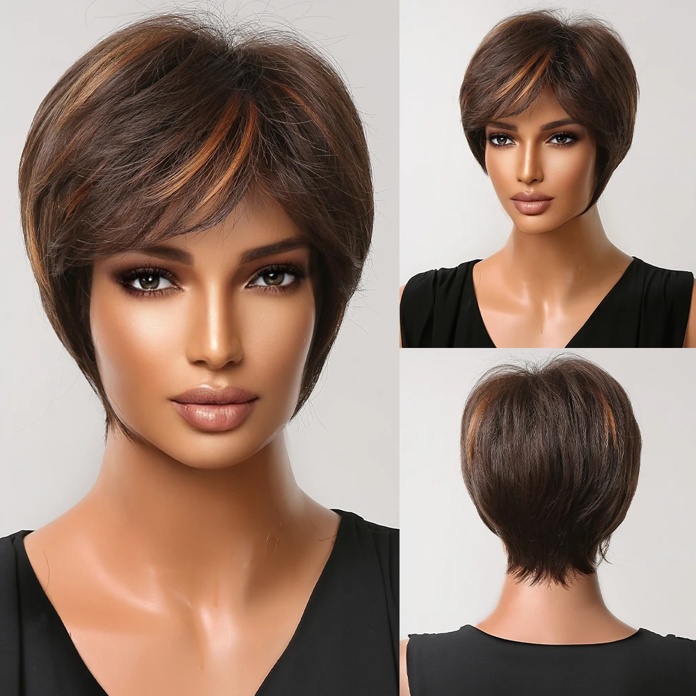 Short-Pixie-Cut-Wig-with-Highlight-Straight-Chocolate-Brown-Synthetic ...