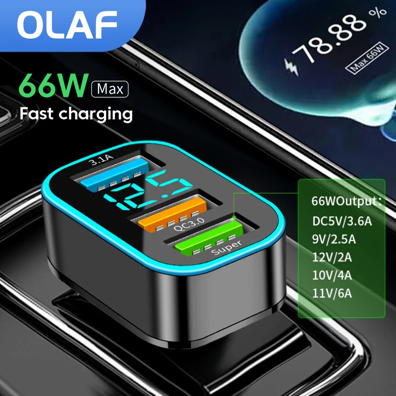 3 Ports Car Charger 66W Fast Charge QC3.0 PD USB Type C Car Phone ...
