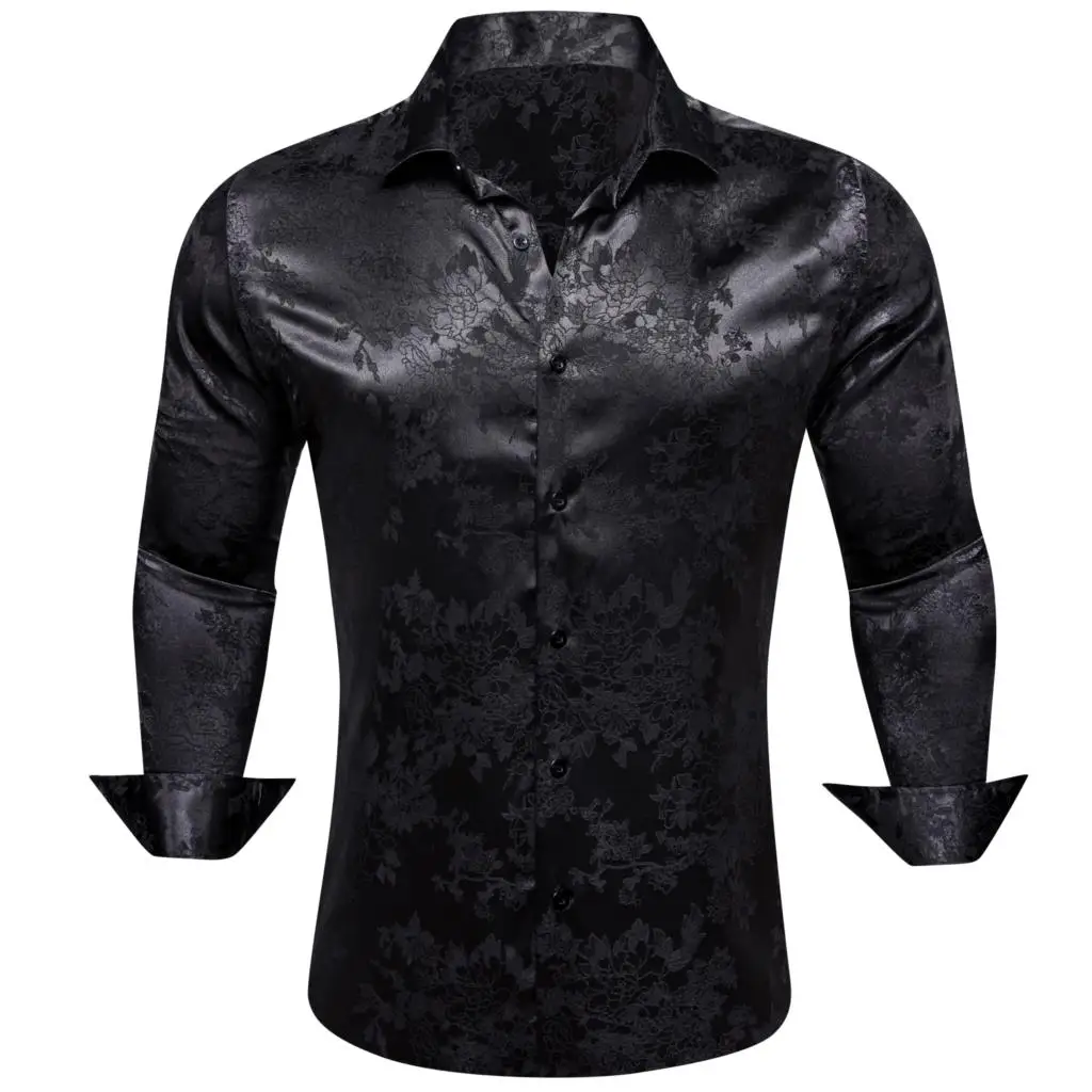 Luxury-Shirts-for-Men-Silk-Black-Floral-Long-Sleeve-Slim-Fit-Male ...