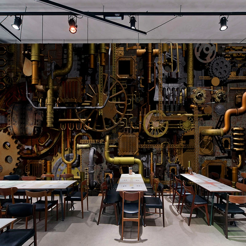 Custom-Wall-Mural-3D-Retro-Industrial-Wind-Coffee-Shop-Bar-Restaurant ...