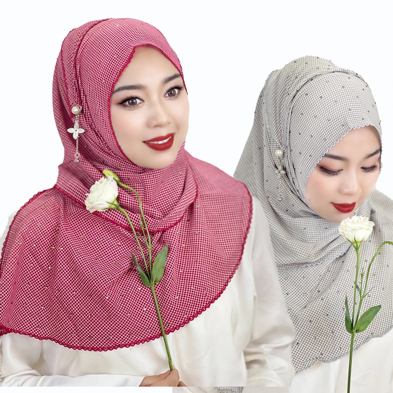 Muslim Plaid Hijab Iwith Diamonds Slamic Hats Hijab Hoods Hair Loss ...