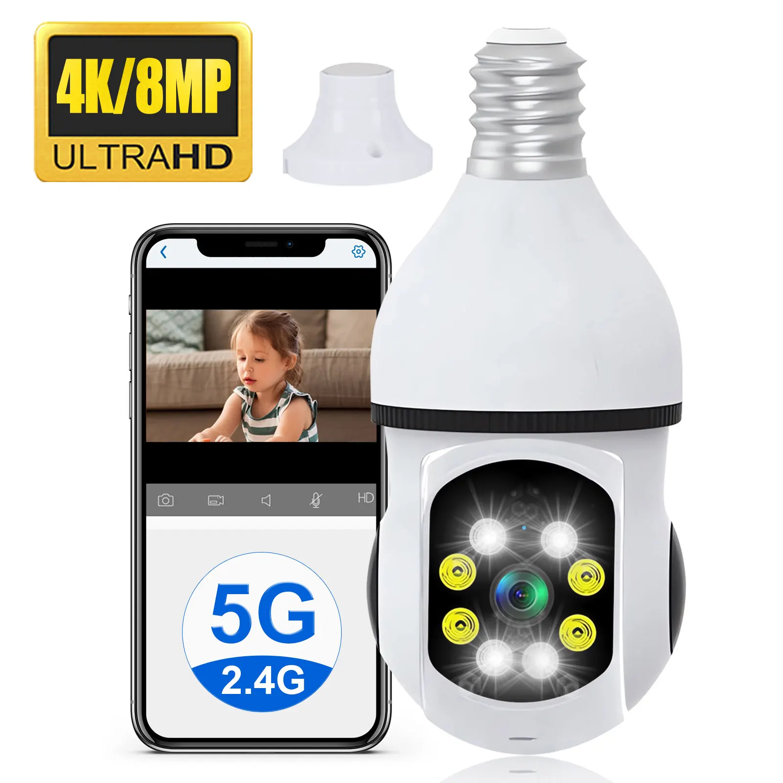 Wireless 5g WiFi Bulb Camera 8MP 4K 360° Bulb Camera HD Mini Camera LED ...