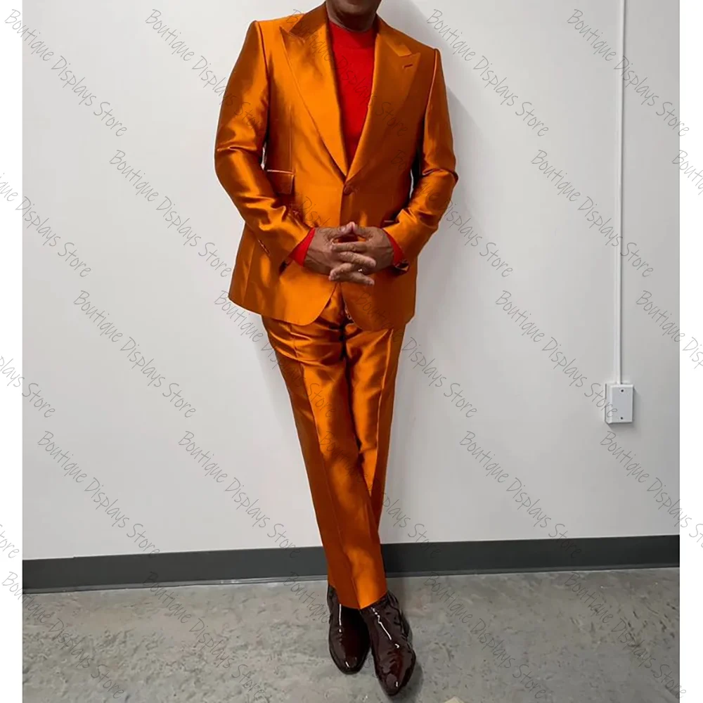Glossy Orange Satin Single Breasted Men Suit Two Pieces(Jacket+Pants ...