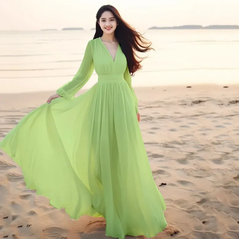 2025 New Summer Beach Dress Large Swing Chiffon Dresses Women Long ...