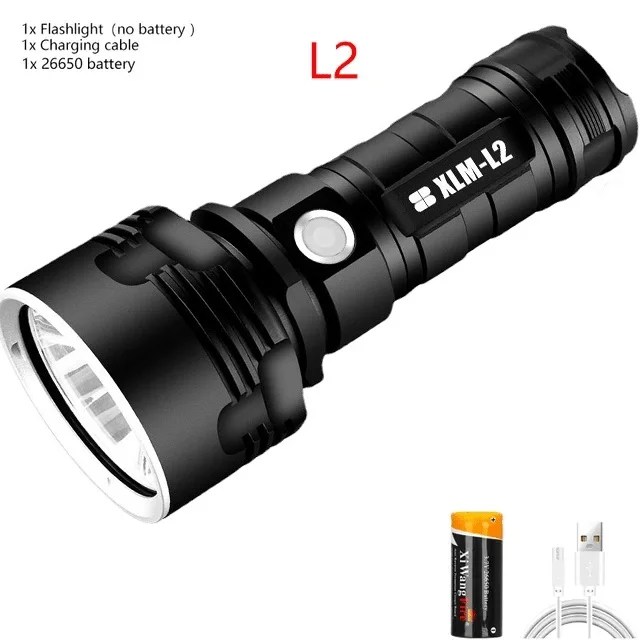 Super Bright L2 P70 LED Flashlight High Power Built-in 26650 Battery ...