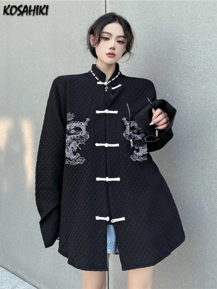 KOSAHIKI Blusa Vintage con botones para mujer, camisa negra con bordado ...