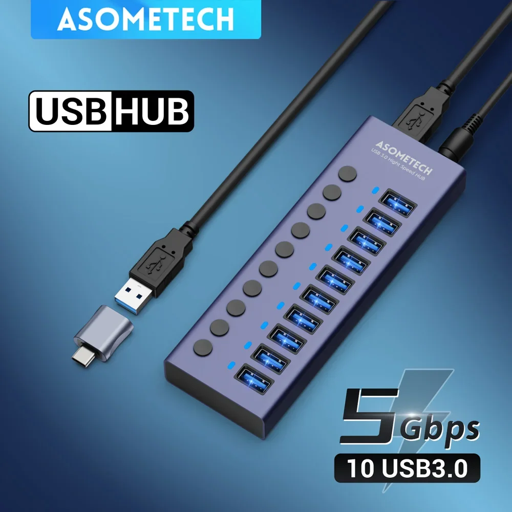 4-7-10-Ports-Hub-USB-3-0-Multi-USB-Splitter-mit-Schalter-Netzteil-Multi ...