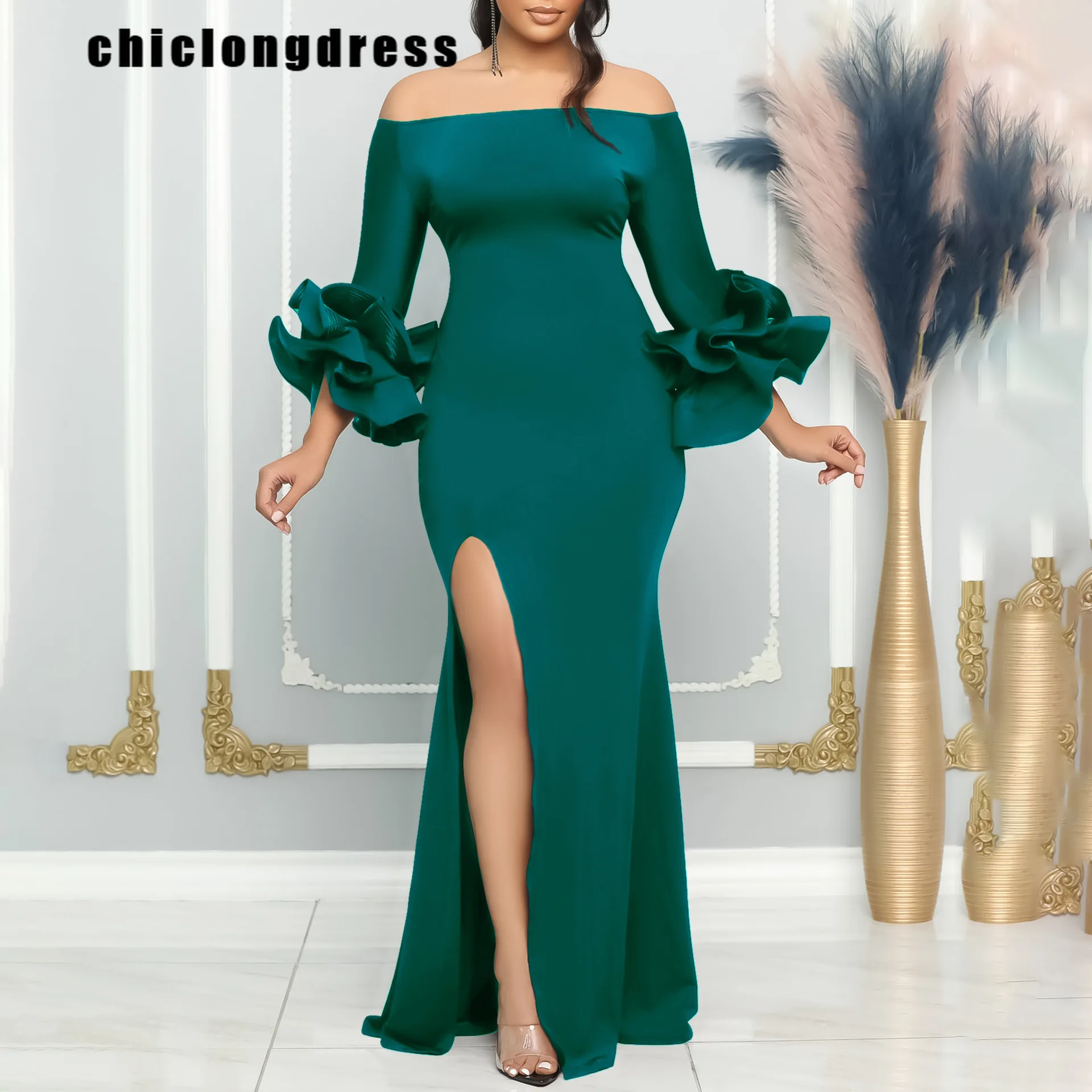 Spring-Sexy-Off-The-Shoulder-Split-Evening-Dress-Women-Fashion-Solid ...