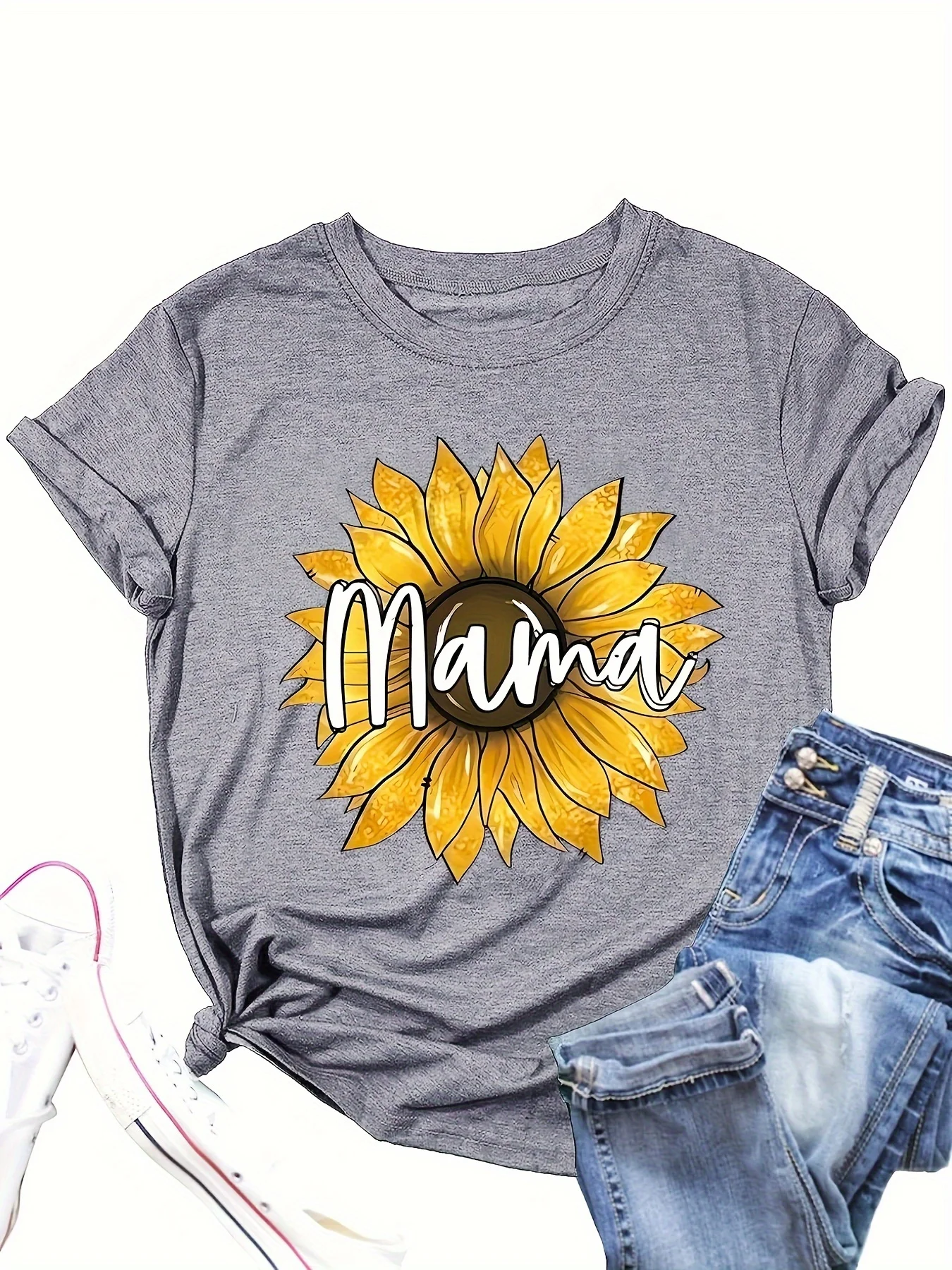 Camiseta-de-cuello-redondo-con-estampado-de-girasol-y-Mam-Top-informal ...