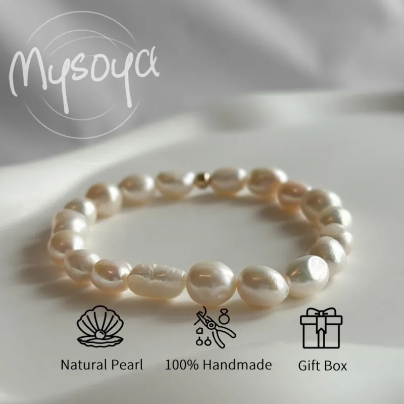 MYSOYA White Baroque Freshwater Pearl Bracelet 8-9mm With Gift Box For ...