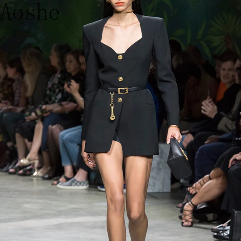 Runway 2020 Autumn Low Collar Sexy Short Dress Buckle Design High Waist ...