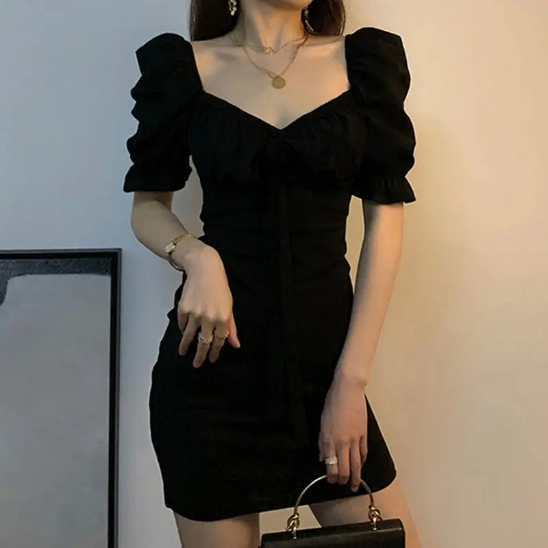 Fashion Square Collar Lace Up Bow Folds Puff Sleeve Party Dress Female ...