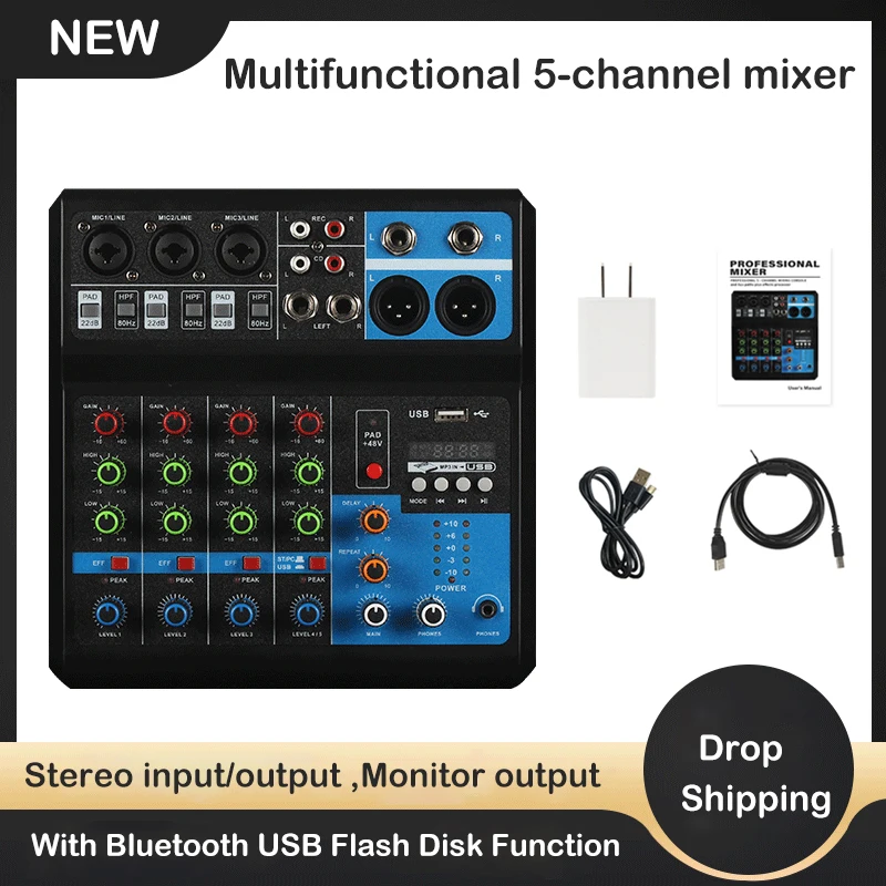 Professional-Audio-Mixer-5-Channels-Sound-Card-with-48V-Power-for-Stage ...