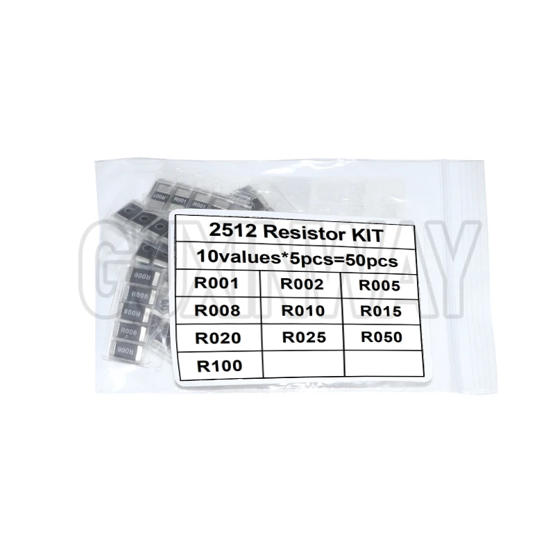 50PCS 합금 저항 2512 SMD 저항기 샘플 키트 R001 R002 R005 R008 R010 R015 R020 R025 ...