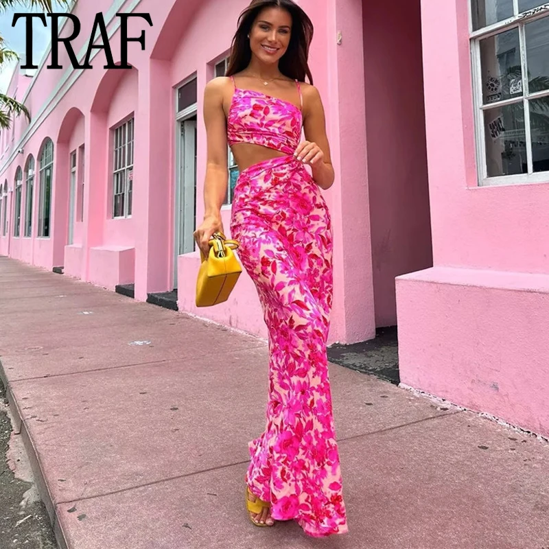 TRAF-vestido-Floral-rosa-para-mujer-vestidos-largos-recortados-sin ...