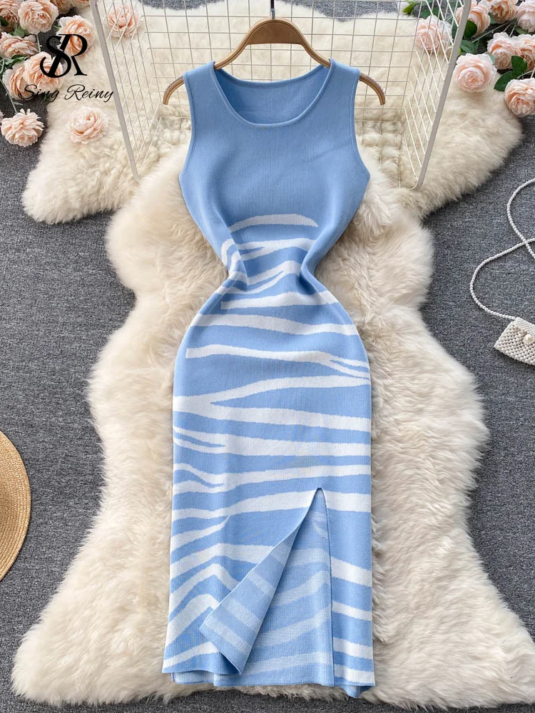 Singreiny Knit Striped Women Summer Dress 2022 Party Slim Vacation Retro Elegant Ladies ...