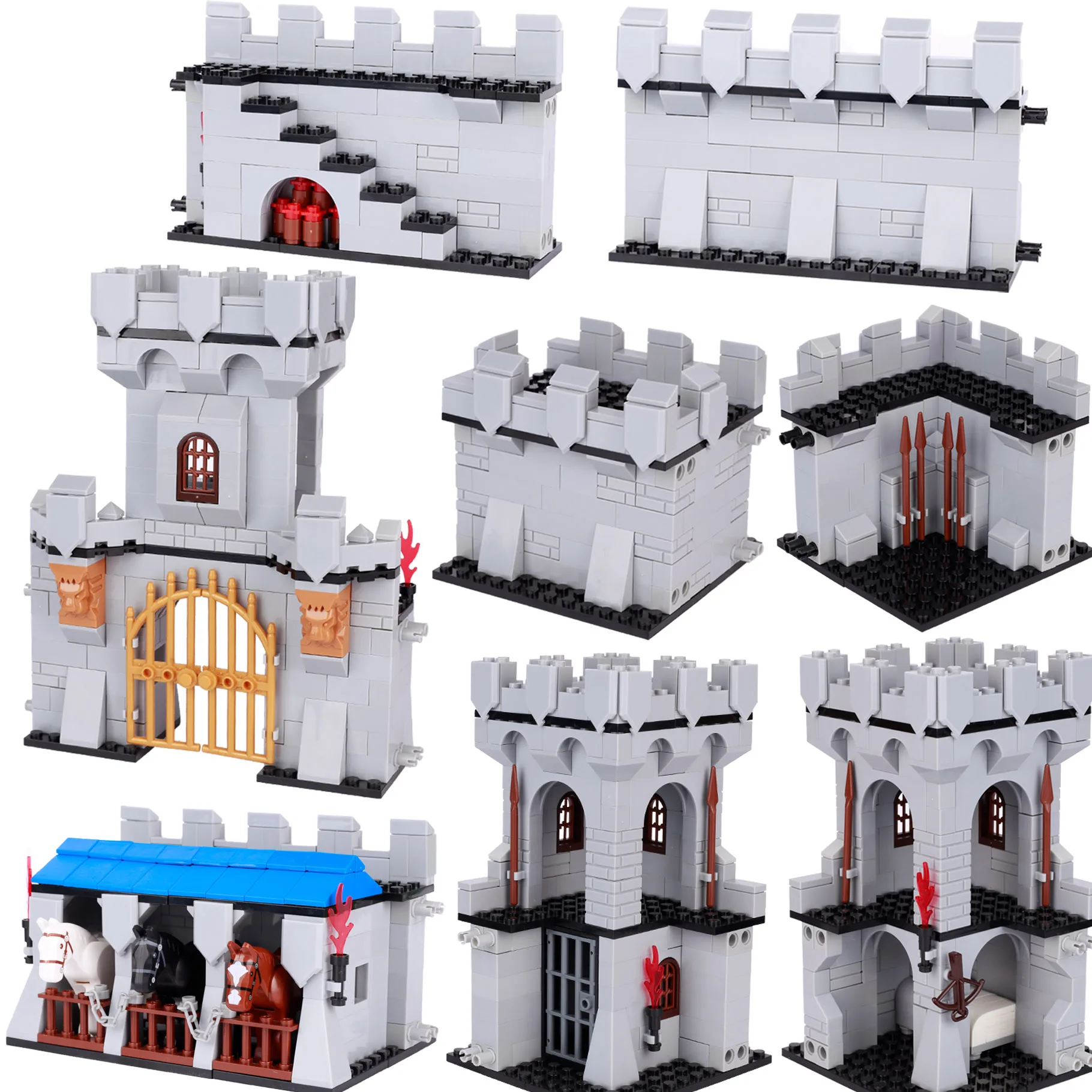 MOC-Medieval-Castle-Wall-Building-Blocks-Watch-Tower-Corner-Stable-City ...