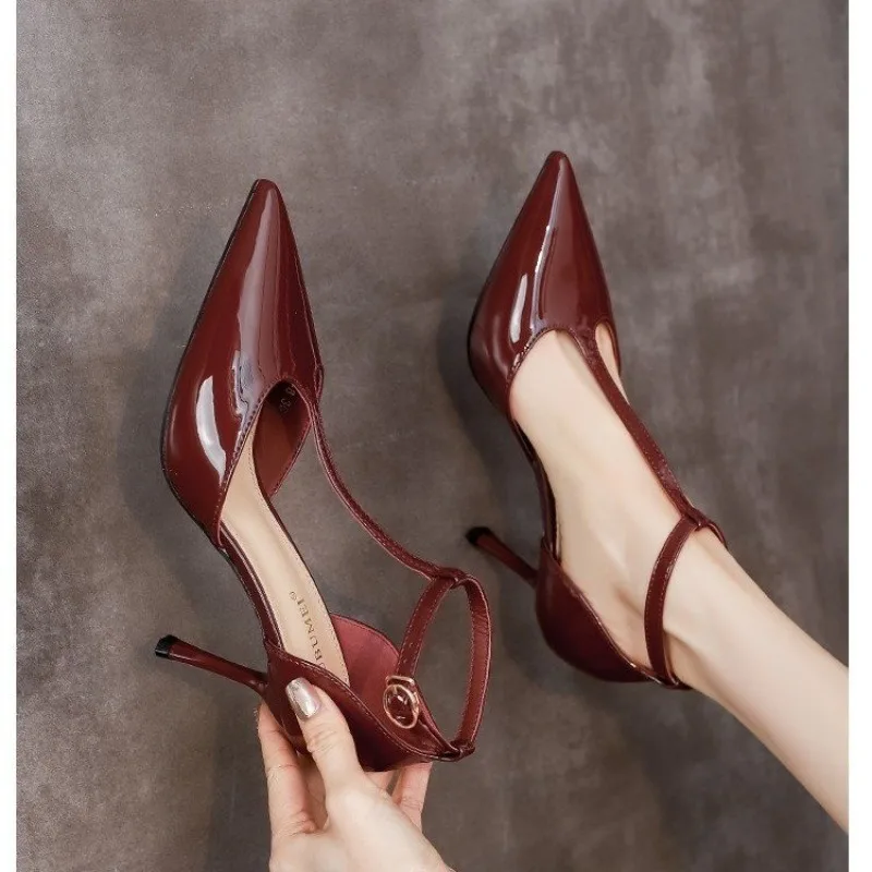 Burgundy-patent-leather-T-line-with-pointy-heel-French-high-heels-one ...