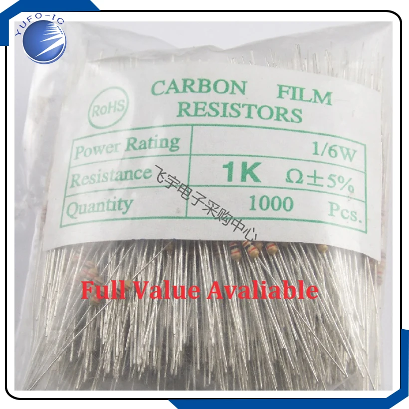 1000 Uds 1/6W 1% resistencia de película metálica de valor completo ...