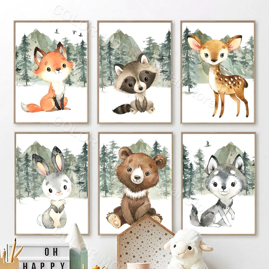 Forest-Woodland-Animal-Fox-Bear-Nursery-Wall-Art-Canvas-Mural-Painting ...