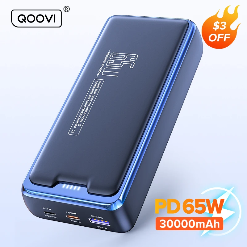 QOOVI Power Bank 30000mAh External Battery Capacity PD 65W Fast ...