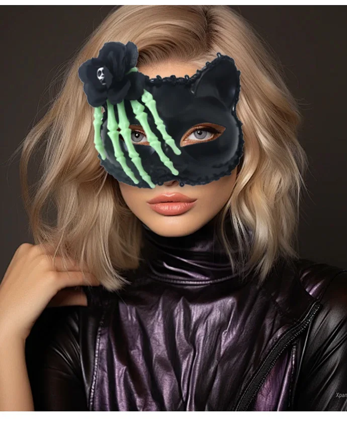 DIY-Plastic-Halloween-Mask-Black-Handmade-Skull-Flower-Half-Face-Cat ...