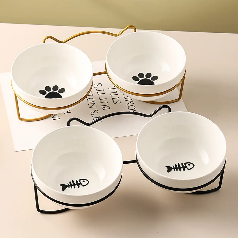 Poursweet Pet Cat Bowl Ceramic Water Feeder Food Feeding Dish Dispenser ...