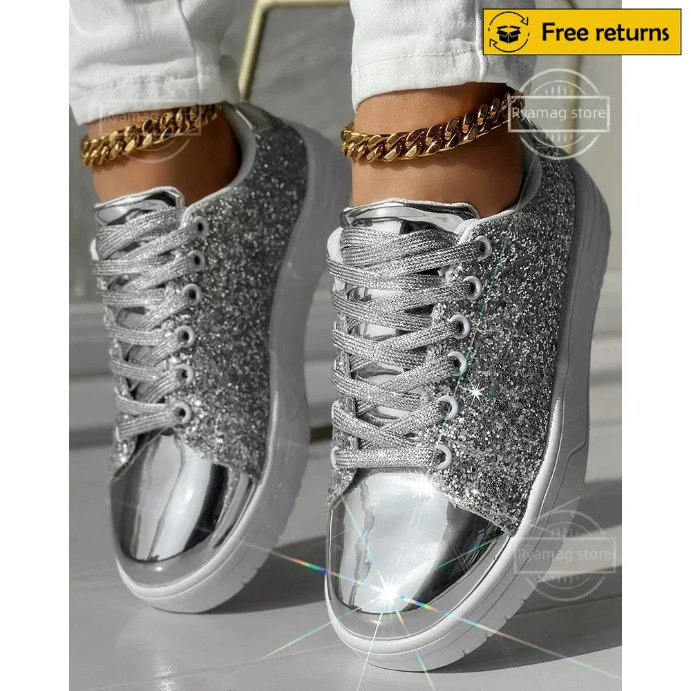 Sneakers Women Bling Bling Sequins Decor Lace-up Flats Thick Sole Shoes ...