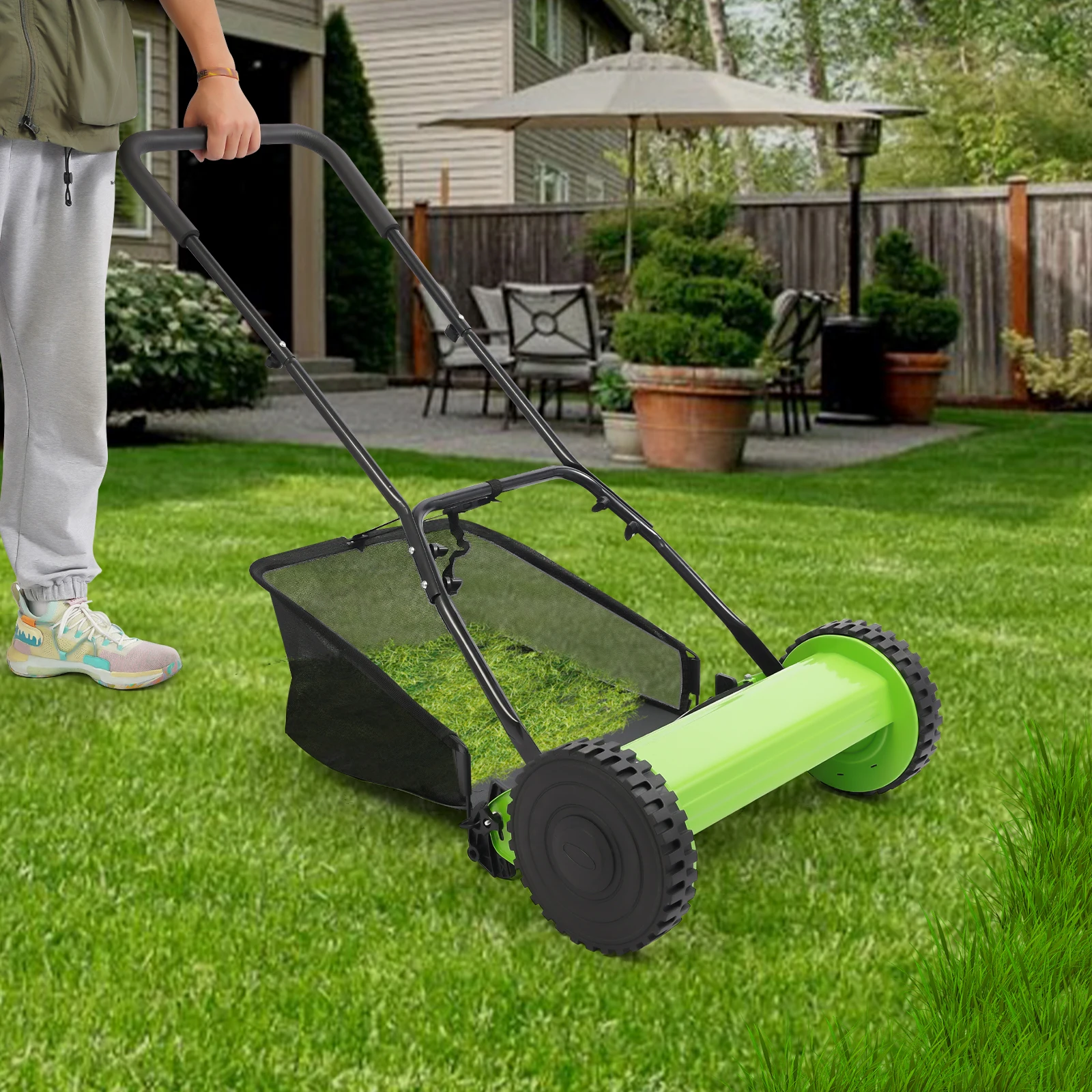 Hand Push Reel Lawn Mower with Grass Catcher, Weed Trimmer Adjustable ...