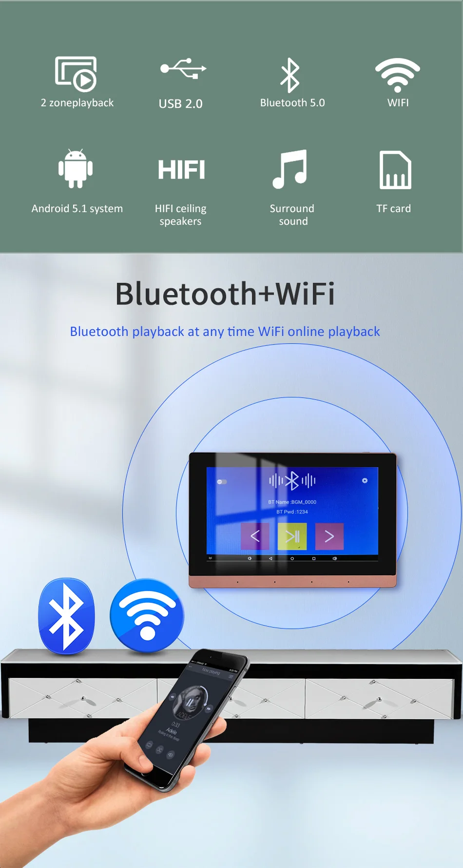 Smart Home Theater Bluetooth WIFI Wall Amplifier 7inch Touch Screen ...