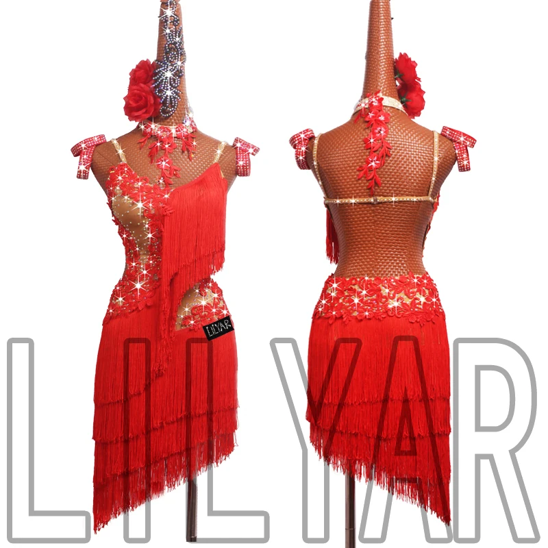 New-Latin-Dance-Skirt-Performance-Competition-Dress-Adult-Daughter-Red ...