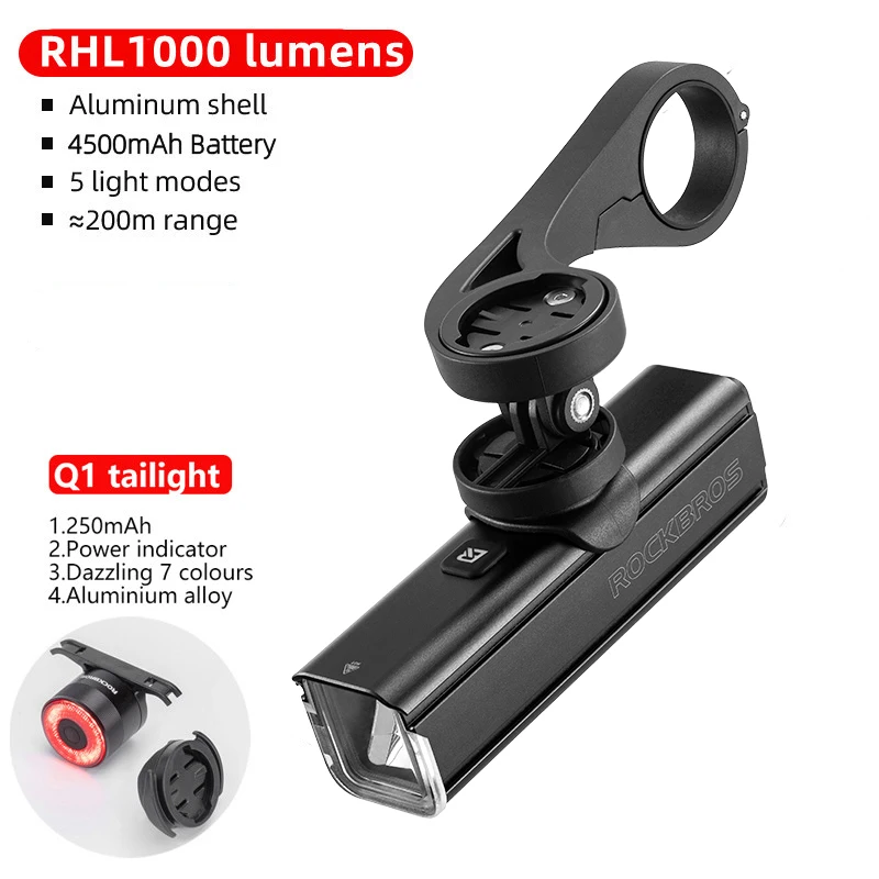ROCKBROS 1000LM Gopro 홀더 용 자전거 라이트 MTB 도로 자전거 라이트 Type C 충전 사이클링 하이라이트 ...