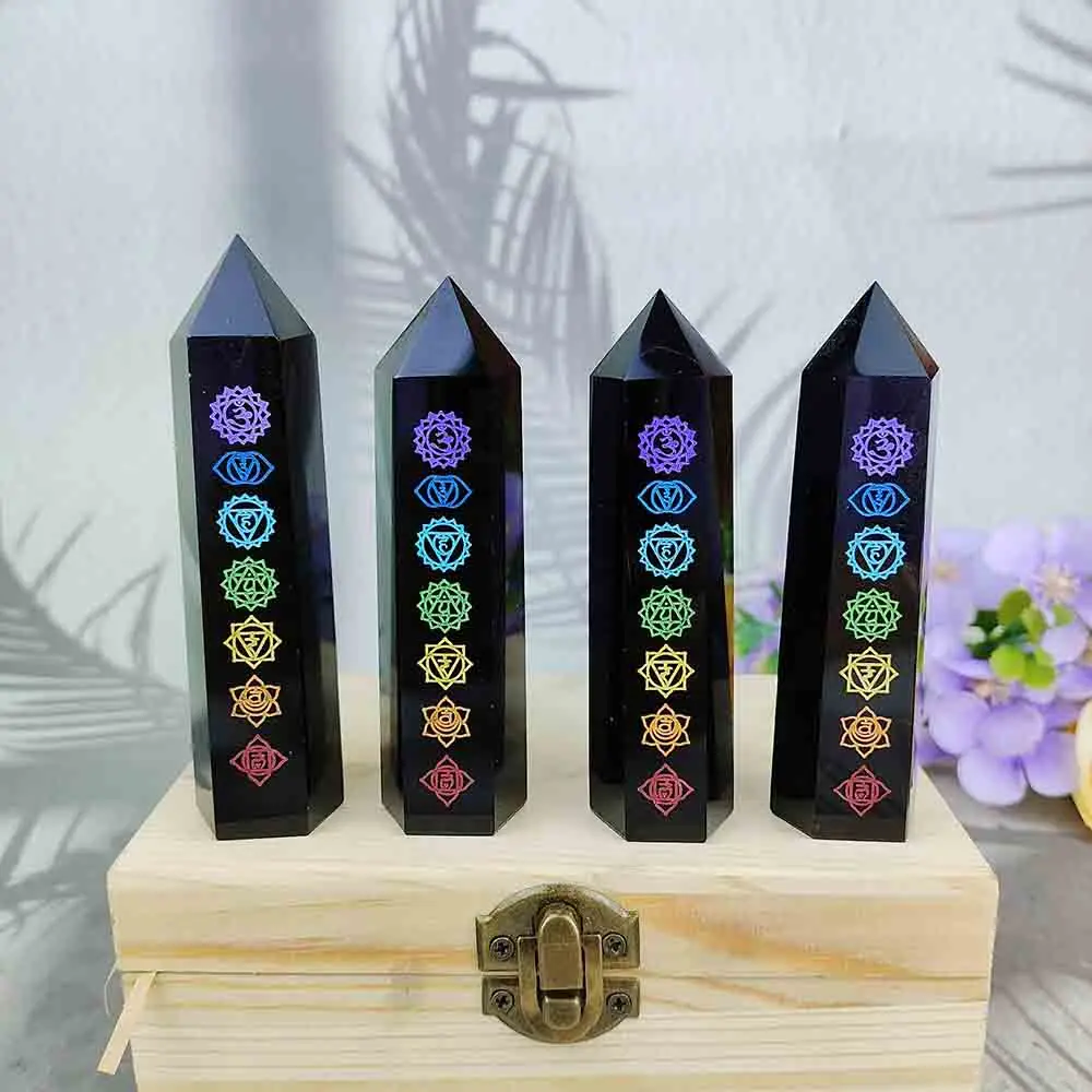 1PC-Natural-Stone-Seven-Chakra-Symbols-Obsidian-Crystal-Point-Column ...