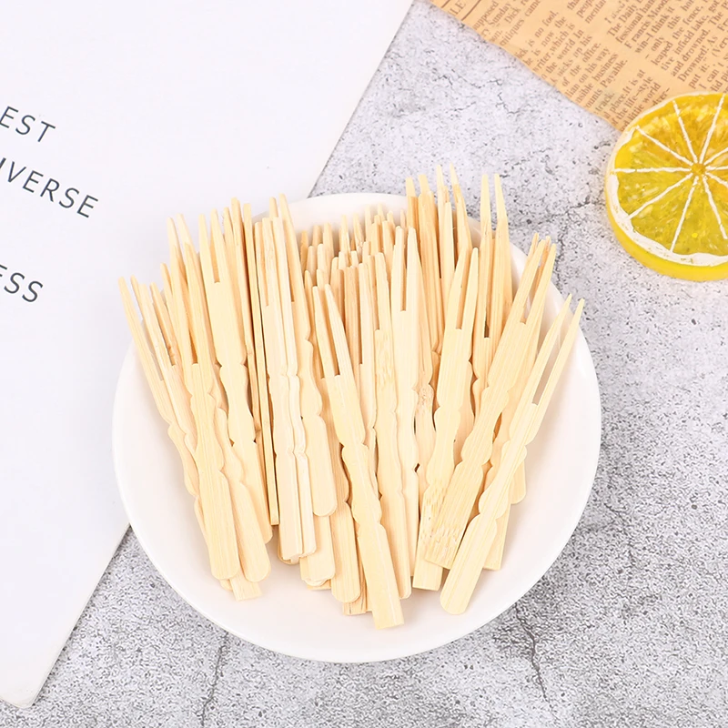 50PCS-Pure-Bamboo-Wooden-Fruit-Fork-Dessert-Cocktail-Fork-Set-Tableware ...