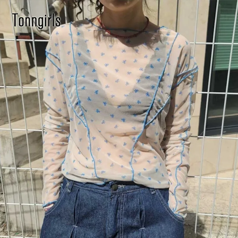 Tonngirls-Harajuku-Y2k-T-Shirt-Women-See-Through-Bow-Print-Mesh-Tops ...