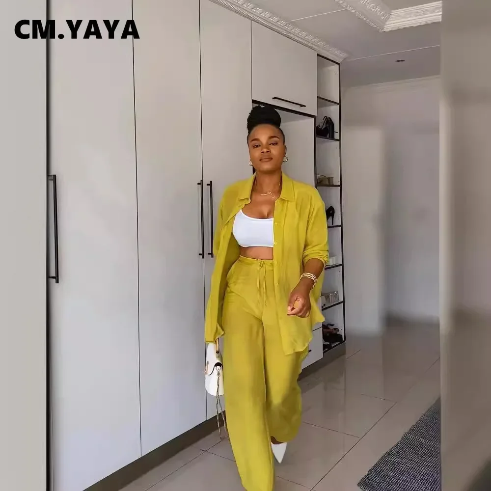 CM.YAYA Women's Set Full Sleeve Single Breasted Shirts+wide Leg Pants ...