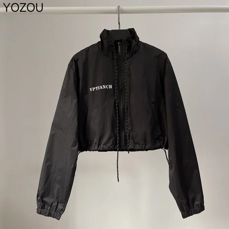 Yozou Black Short Cropped Windbreaker Jackets Zip Coat Crop Top Women Outwear Sports Clothing ...