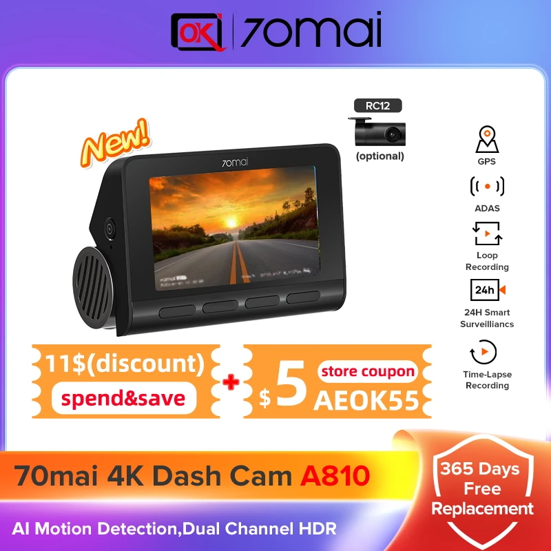 70mai-New-Dash-Cam-4K-A810-Built-in-GPS-150-FOV-AI-Motion-Detection-4K ...