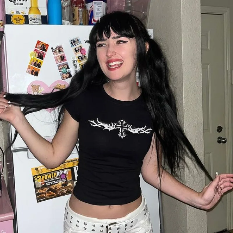 Emo Girls T Shirt Sexy Gothic Graphic Cross Print Casual Grunge Crop