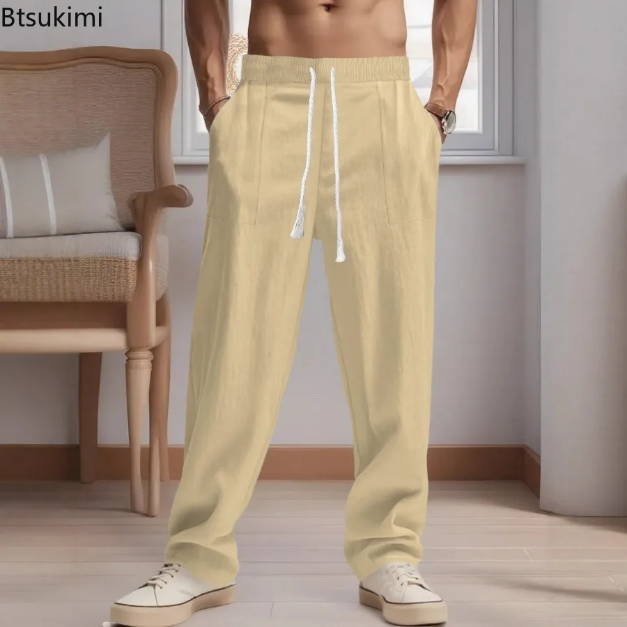 New Men's Casual Linen Trousers Spring Pockets Drawstring Straight ...