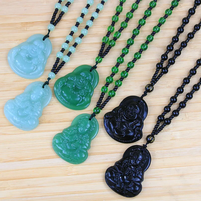 Obsidian Stone Buddha Beads Chain Necklace Imitate Jade Buddhism ...