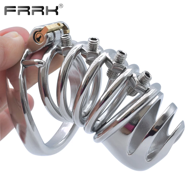 FRRK Male Chastity Device Bolted CBT Cock Cage with Spikes Stimulate Denial Penis Rings BDSM ...