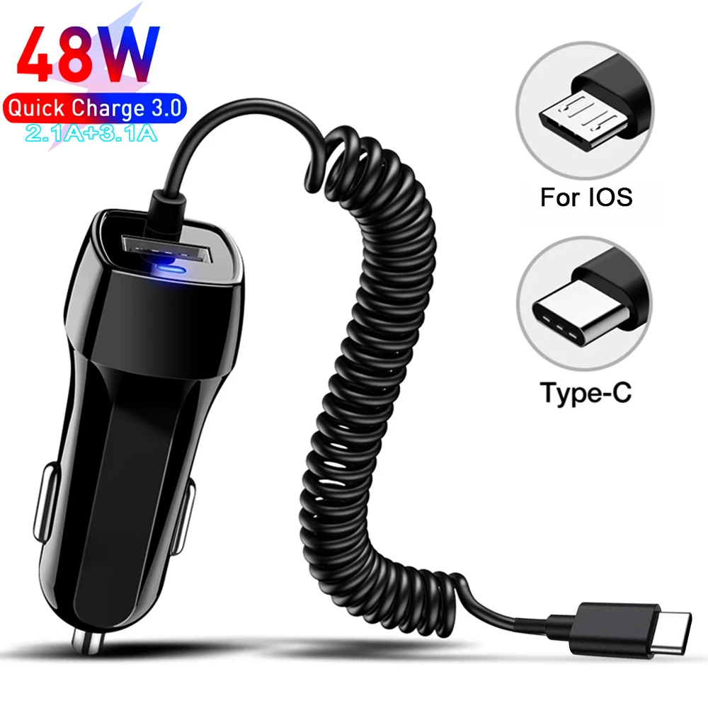 48W-USB-Fast-Car-Charger-Stretch-Cable-Adapter-for-IPhone13-12-11-14 ...