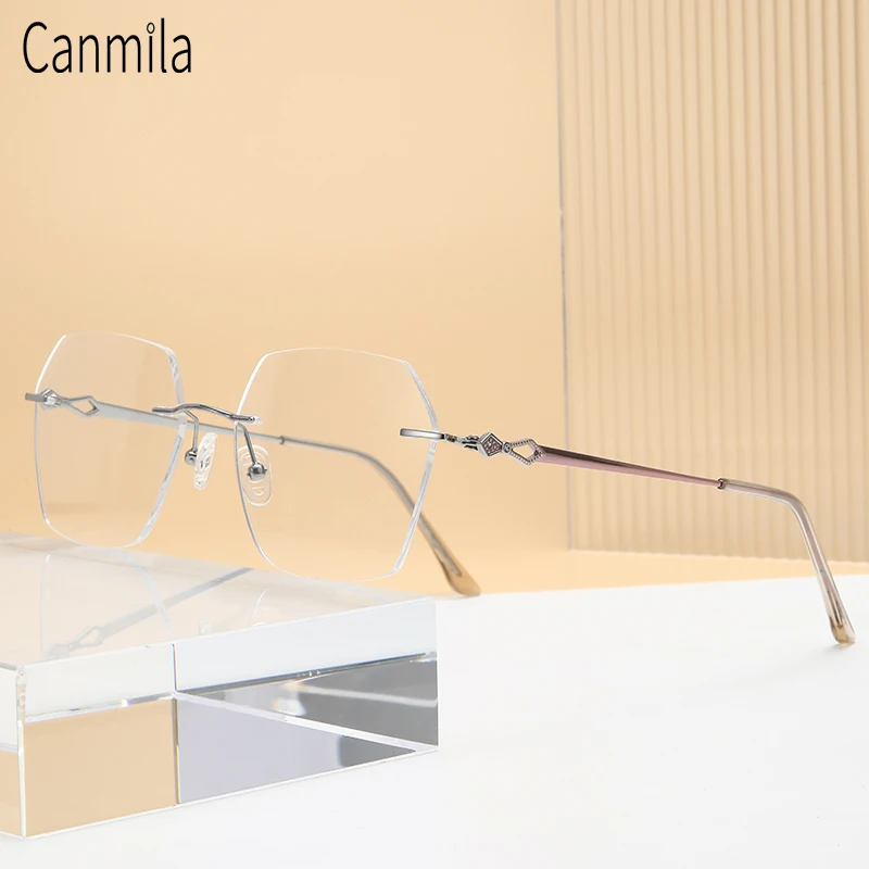 Rimless Pure Titanium Glasses Women New Polygon Frameless Prescription ...