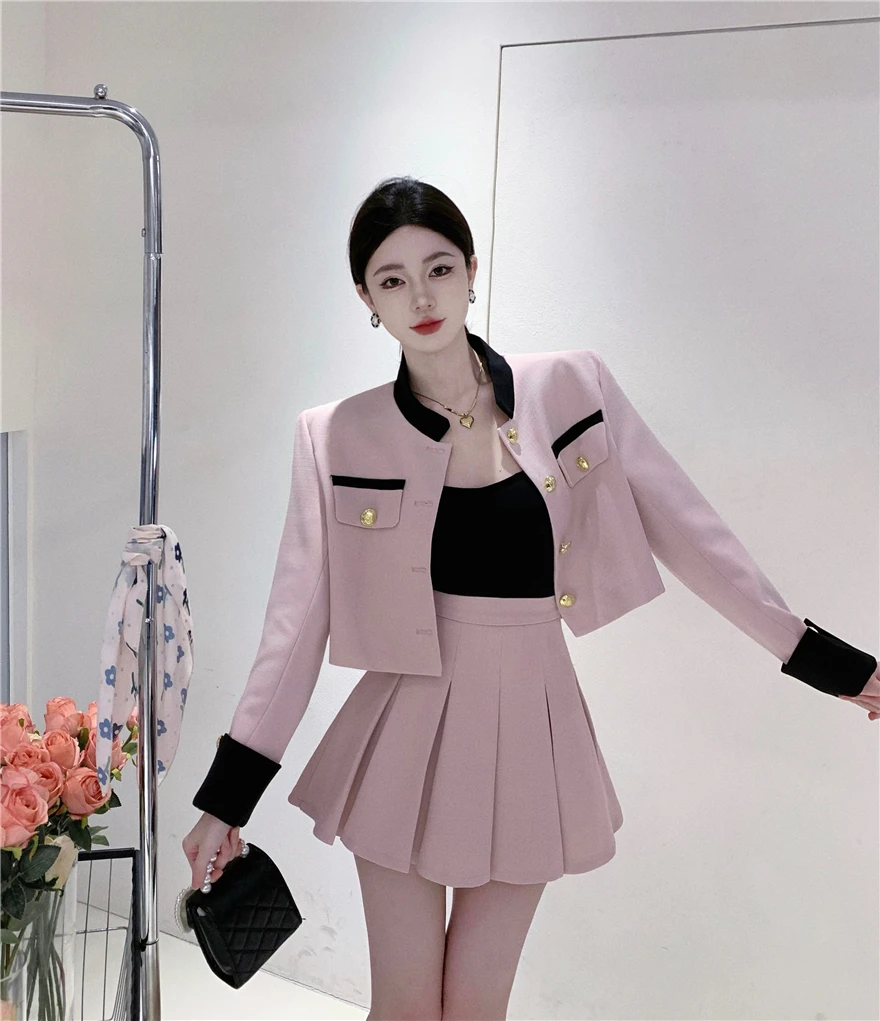 투피스 세트 여성용 봄 기질 대비 색상 우아한 블레이저 탑 솔리드 하이 웨이스트 A 워드 플리츠 스커트 스커트