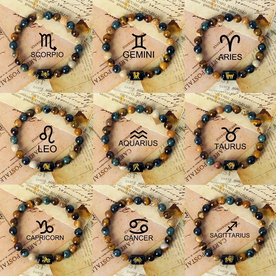 Zodiac-Signs-12-Constellation-Bracelet-Men-Women-Natural-Tiger-Eye ...