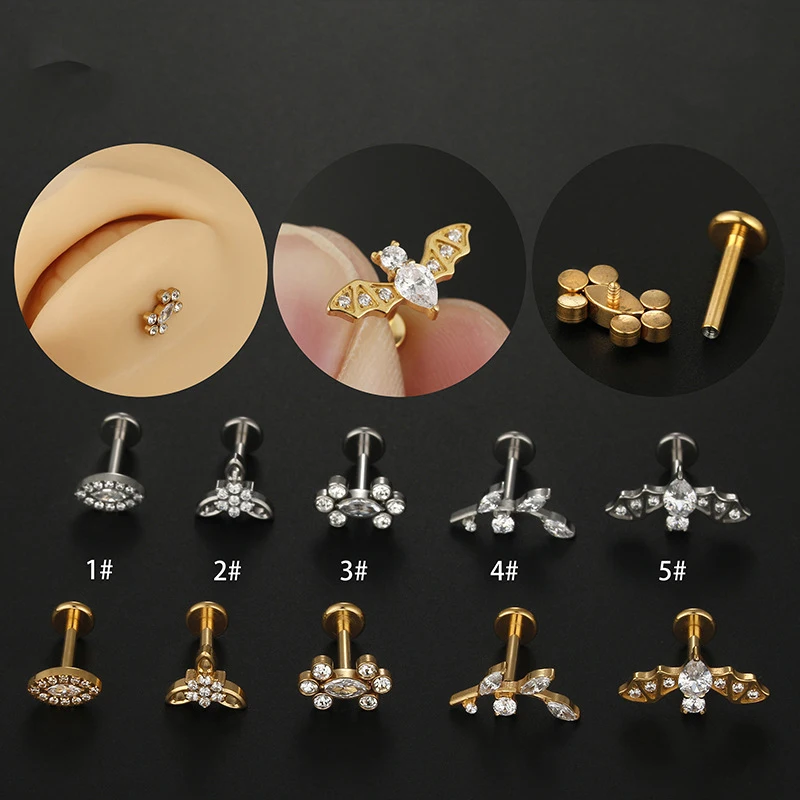 Piercings-Labret-Lip-Stud-G23-Titanium-Bat-Leaf-Zircon-Internal-Thread ...