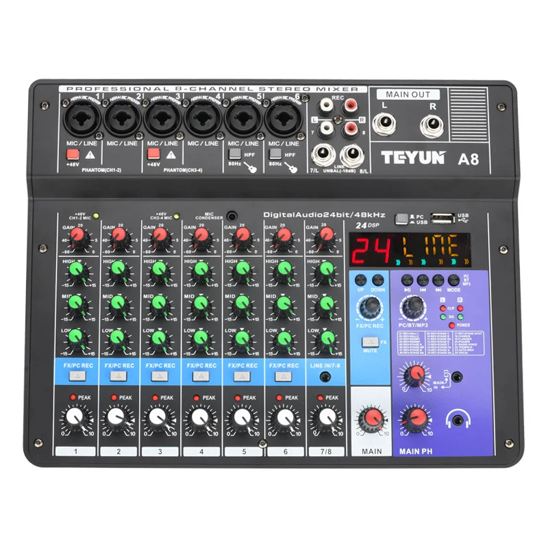TEYUN 8 Channel DJ Mixing Table 24 DSP Effect Audio Mixer Bluetooth PC ...
