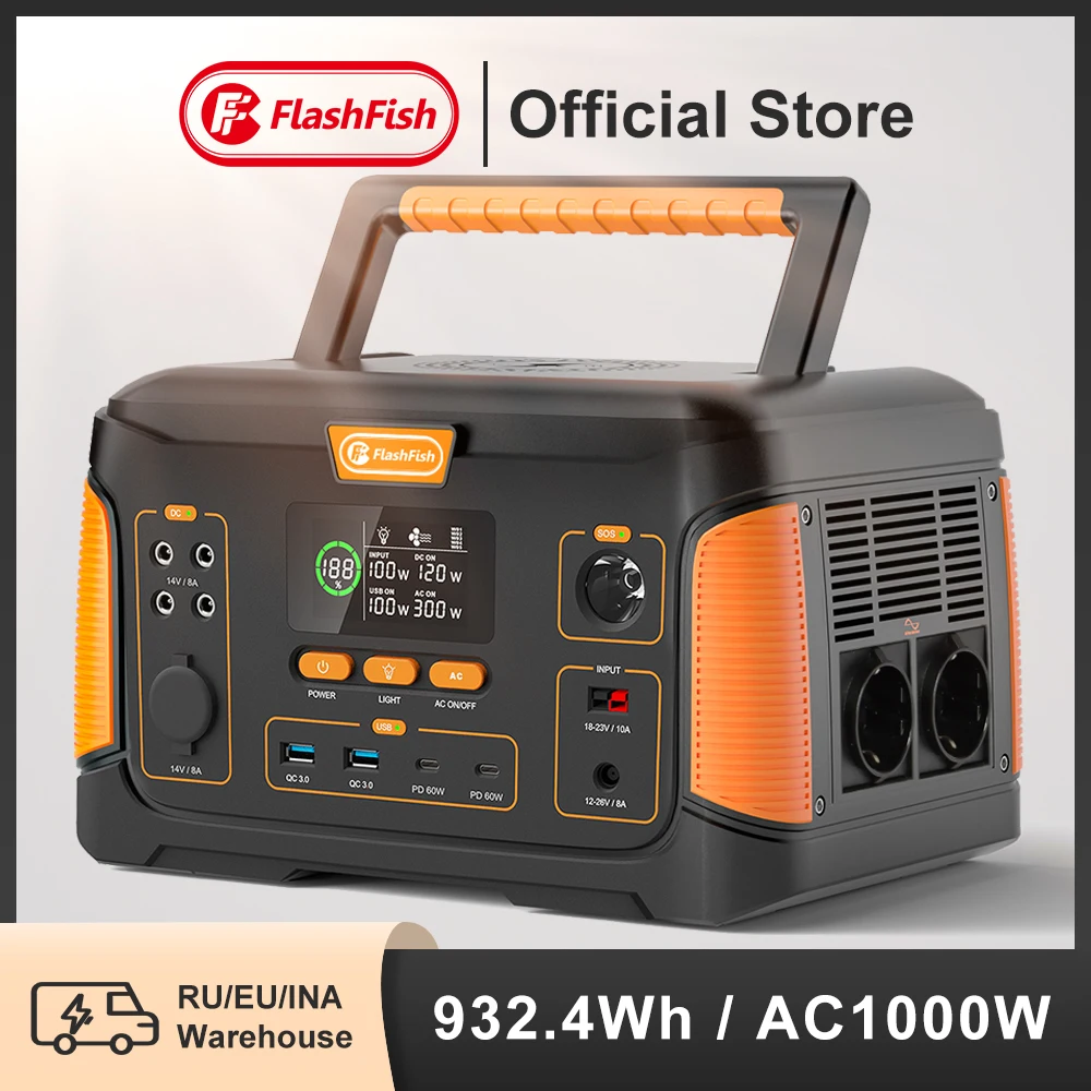FF Flashfish 1000W 휴대용 발전소, 932Wh 태양열 발전기, 비상 배터리 공급, 125W DC 60W PD ...